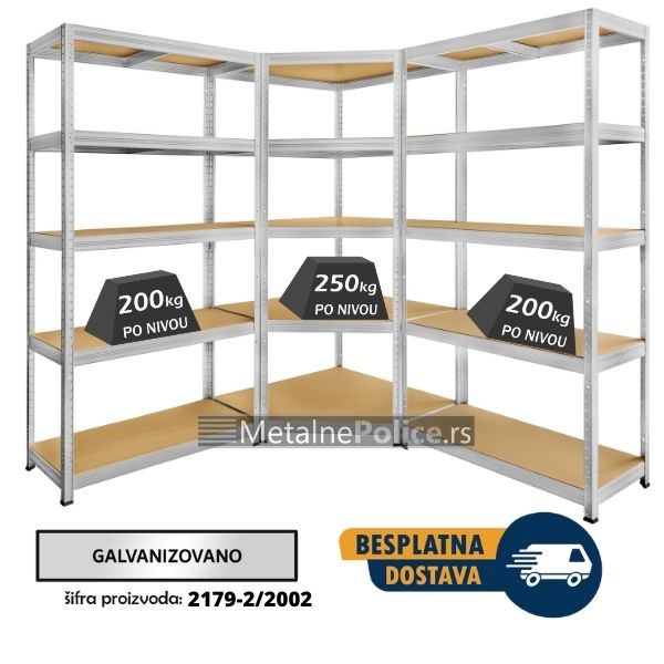 Komplet ugaona polica 180x90x90x45cm, 5x250kg + dve police 180x90x45cm, 5x200kg