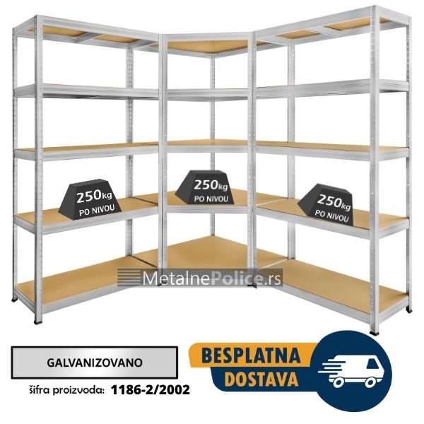 Komplet ugao polica 180x90x90x45cm, 5x250kg sa 2 police 180x120x45, 5x250kg