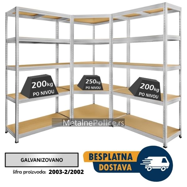 Komplet polica ugao 180x90x90x45cm, 5x250kg + 2 police 180x150x45cm, 5x200kg