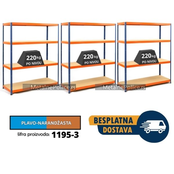 Komplet od 3 police metal-medijapan 180x150x60cm, 4x220kg – Dimenzije kompleta 180x450x60cm