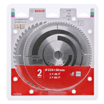 Bosch listovi kružnih testera Optiline Wood za drvo 216x2,0x30 48T i univerzalni Multi Material 216x2,5x30 80T 2608644658