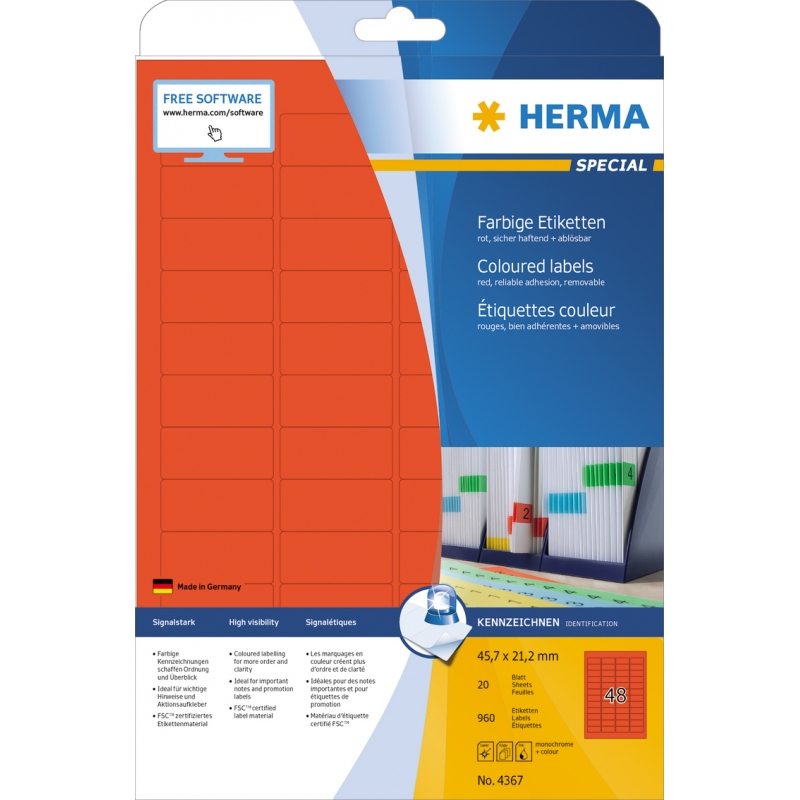 Etikete 45,7X21,2 zaobljene ivice A4/48 1/20 crvena Herma