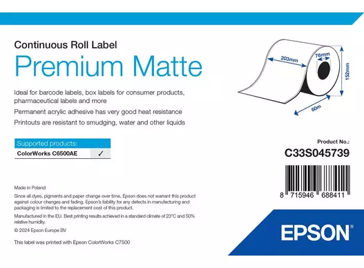 Premium Matte Label - Continuous Roll: 203mm x 60m