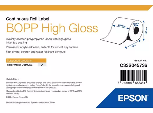 BOPP High Gloss Label - Continuous Roll: 203mm x 68m