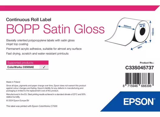 BOPP Satin Gloss Label - Continuous Roll: 203mm x 68m
