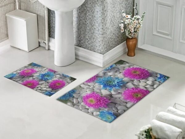 Set za kupatilo Roze i plavi cvet sa gumenom podlogom 40x60cm + 60x90cm, SG-001