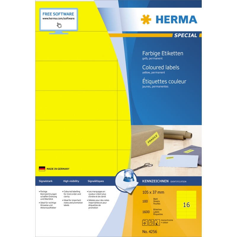 Etikete 105X37 A4/16 1/100 žuta Herma