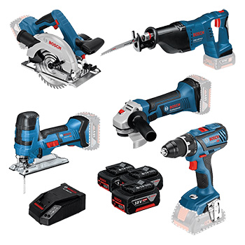 Bosch set akumulatorskih alata - bušilica-odvrtač GSR 18V-28 + ubodna testera GST 18V-LI S + ugaona brusilica GWS 18-125 V-LI + kružna testera GKS 18 V-LI + testera GSA 18V-LI 0615990K6N