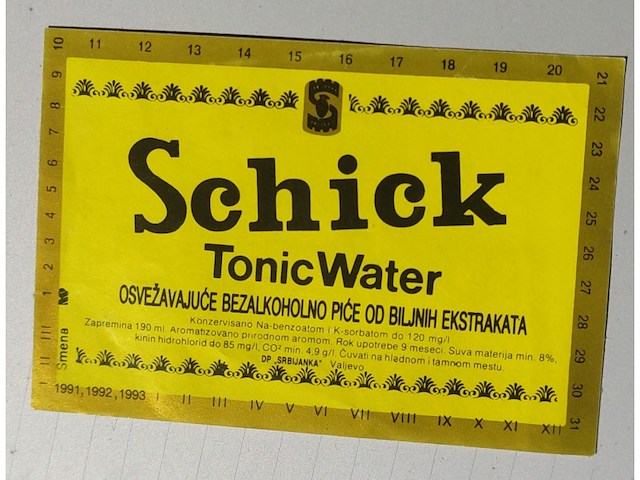 SCHICK TONIC WATER Srbijanka Valjevo fabrički omot nov