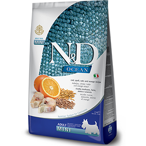 N&D Ocean Adult Mini Orange Codfish, Spelt, Oats 7 kg (Cena po kg) (Pozvati za cenu)