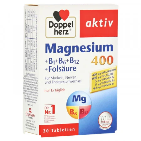 DOPPELHERZ AKTIV MAGNEZIJUM 400, B VITAMINI I FOLNA KISELINA 30 TABLETA