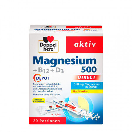 DOPPELHERZ AKTIV MAGNEZIJUM 500 + B12 + D3 20 KESICA