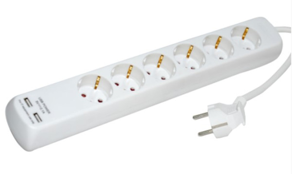 Produžni kabl sa 6 utičnica (3×1.5mm) 2m +2xUSB, PM6X-2M DZ 16A, 250V-3680W