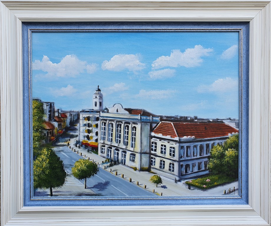 Gimnazija, Aleksandar Injac, ulje na platnu, luks uramljena, sa 52×62 cm, bez 50×40 cm, sertifikat, 160 eura