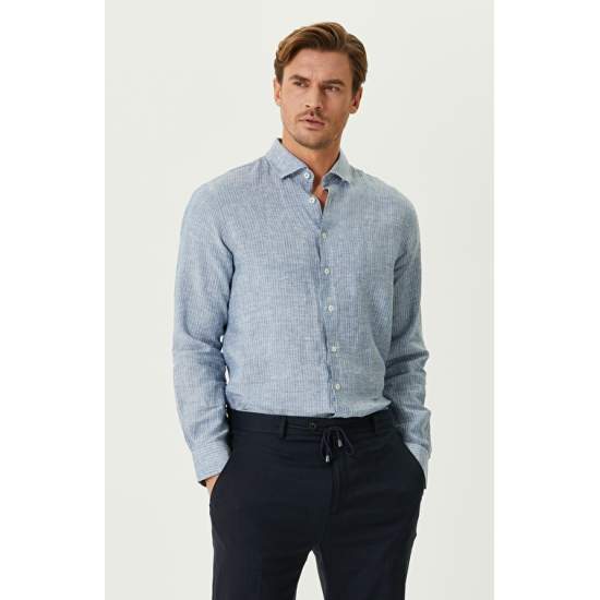 Comfort Fit Blue Linen Shirt