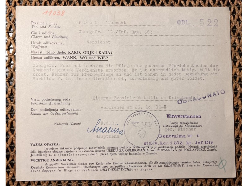 podatci o podeljenom odlikovanju NDH 1943. god (1.)