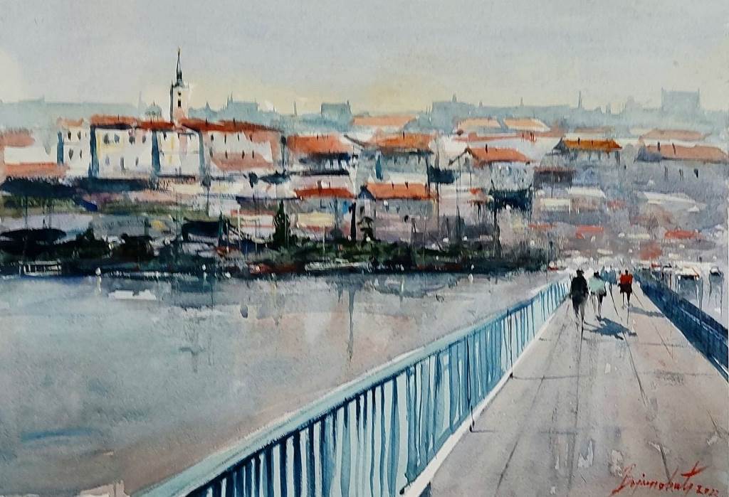 Plavi most, Radovan Vojinovic, akvarel, 50×35 cm, sertifikat, 7080 dinara