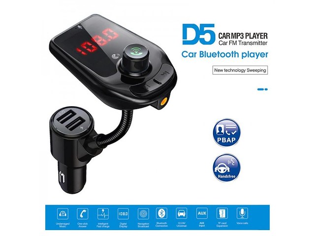 FM transmiter D5 USB TF Bluetooth 5.0 12-24V handsfree crni