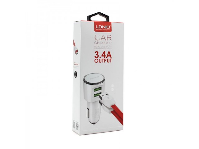 Auto punjac LDNIO DL-C29 dual USB 3.4A sa Type C kablom beli