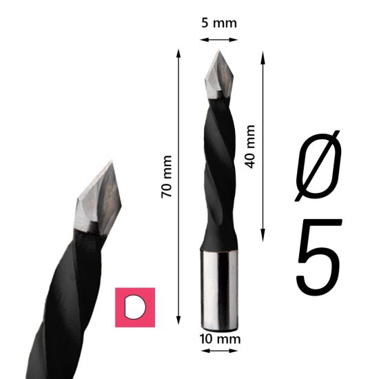 Prolazna burgija 5mm desna tvrdi metal - vidija; dužina 70/40mm prihvat 10mm za brzohodne viševretene bušilice FUL 50K.050.R