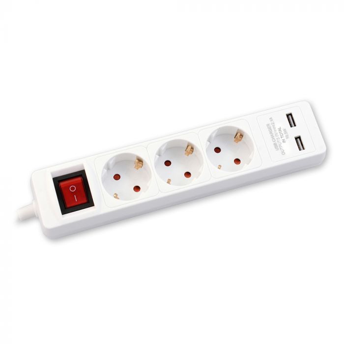 Produzni kabl 1,4m 3xsuko sa sklopkom + 2xUSB, bel