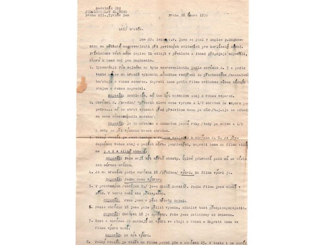 Pismo Miroslava Klingera, češki gimnastičar, 1936.