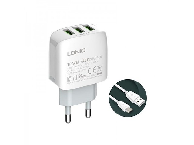 Kucni punjac LDNIO A3312 3xUSB 5V 3.4A 17W sa micro USB kablom beli