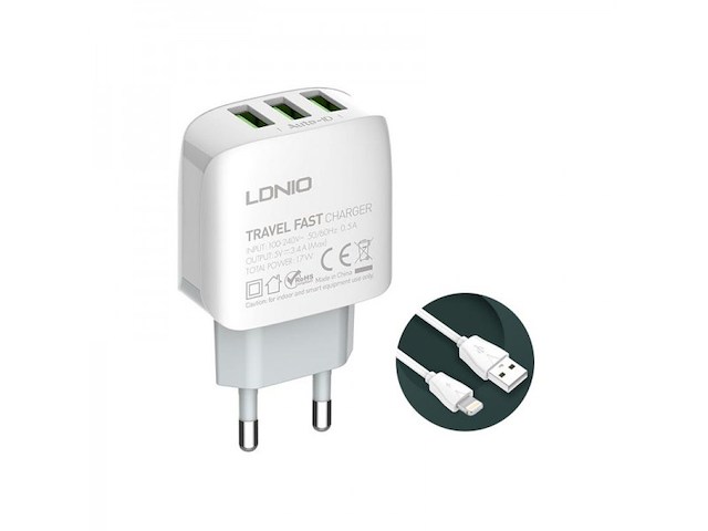 Kucni punjac LDNIO A3312 3xUSB 5V 3.4A 17W sa iPhone lightning kablom beli