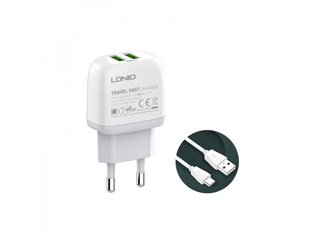 Kucni punjac LDNIO A2219 2xUSB 5V 2.4A 12W sa Type C kablom beli