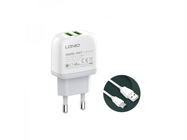 Kucni punjac LDNIO A2219 2xUSB 5V 2.4A 12W sa micro USB kablom beli