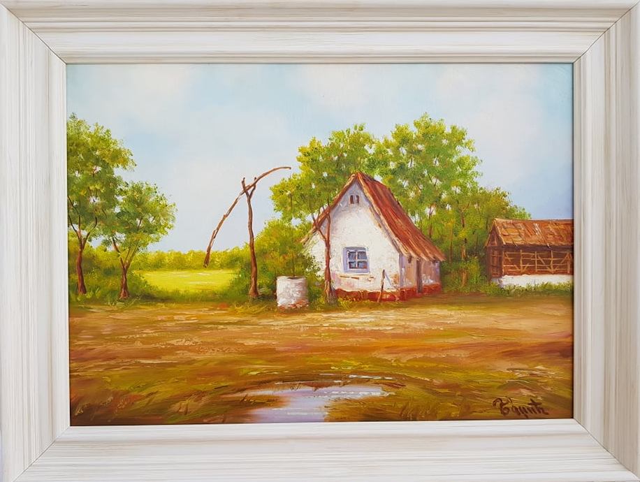 Kuca kraj bunara, ulje na platnu, sa 63×83 cm, bez 50×70 cm, Miomir Badzic, sertifikat, 250 evra