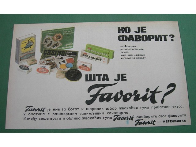 Favorit Nerežišća žvakaća guma, stara novinska reklama