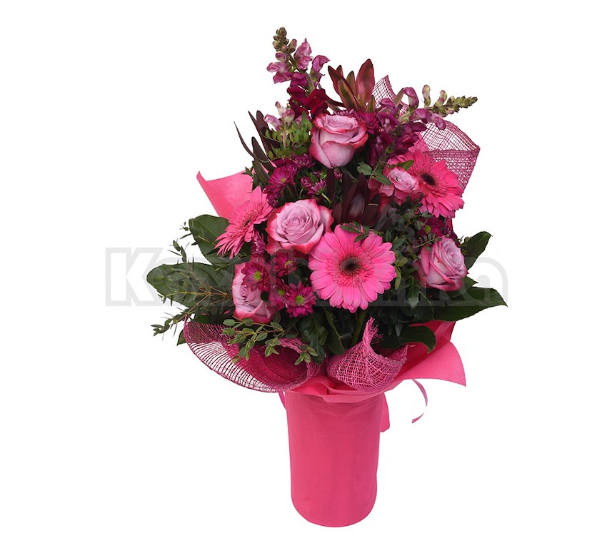 Buket - Pink gerberi, margarete i ruže sa dekoracijom