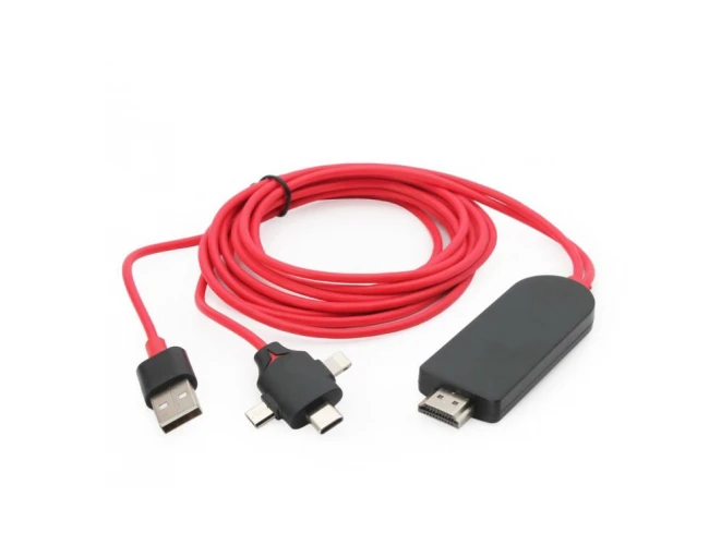 3G (83658) adapter HDMI (muški) na USB C (muški) + micro USB (muški) + lightning (muški) 1.5m crveni