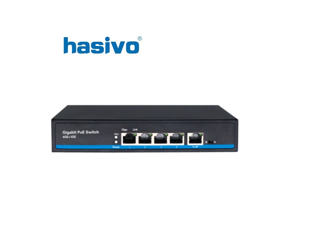 Hasivo S600P-4G-1G-Ai-65W PoE++ svič 5 gigabit portova 10/100/1000Mb/s / 4 PoE, 802.3af/at/bt, port 1 do 60W, port VLAN isolation, PoE watchdog, extend mode do 250m, prenaponske zaštite, interno n...