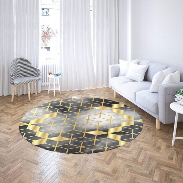 Okrugli tepih sa gumenom podlogom 160x160cm – 3D kocke sivo-zlatni, TG-1062