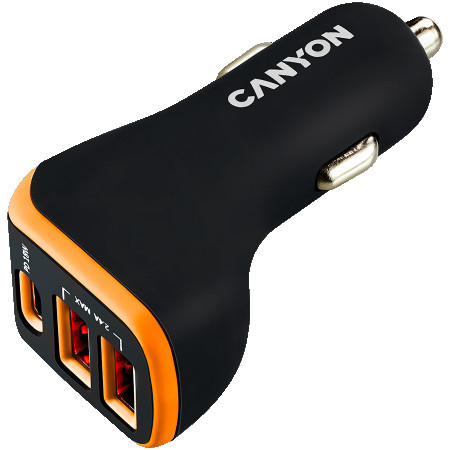 Canyon universal 3xUSB car adapterType-C PD 18W Black+Orange with rubber coating ( CNE-CCA08BO )