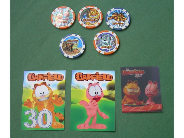 Garfield 5 žetona (čipova) + 3 sličice (Dargaud)