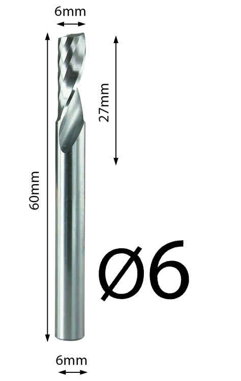 Spiralno CNC glodalo za drvo 6mm, prihvat 6mm, ukupna dužina 60mm FUL 9D.060.A