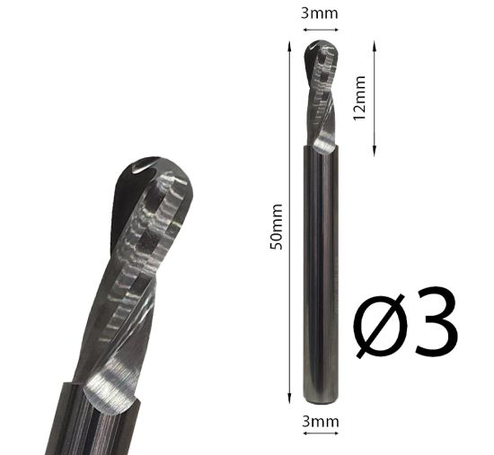 Loptasto CNC glodalo spiralno (Ball Nose) 3mm, prihvat 3mm, ukupna dužina 50mm FUL 9B.030.A