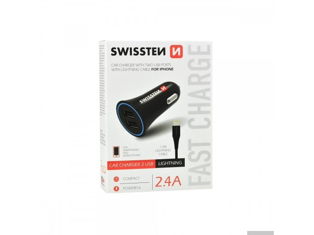 Swissten Auto punjač 2.4A 2xUsb Lightning