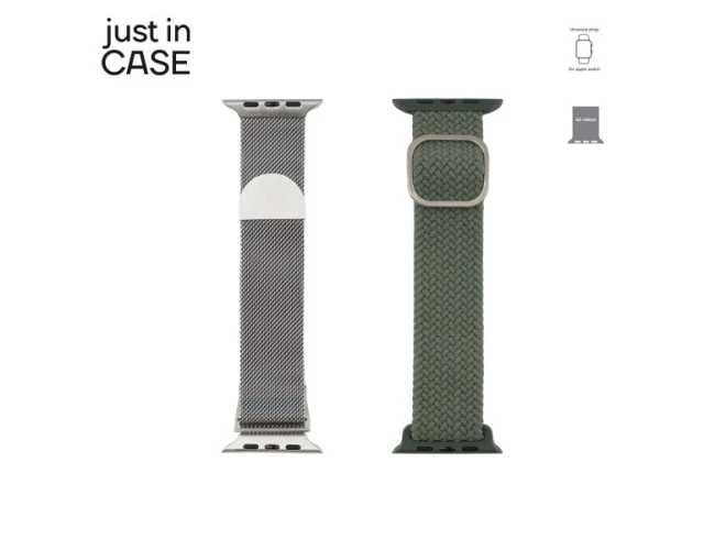 Just In Case 2u1 42-45mm srebrna milanese+zelena tekstilna zamenska narukvica za pametni sat