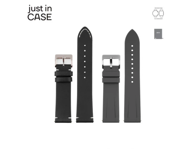 Just In Case 2u1 22mm crna kožna+siva silikonska zamenska narukvica za pametni sat