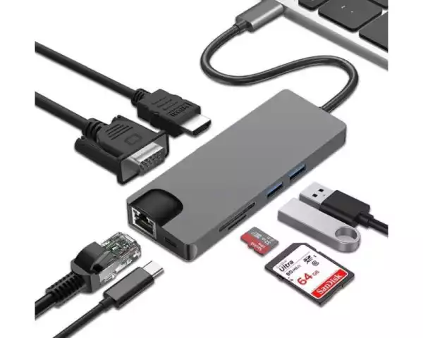 USB Adapter konverter USB 3.1 Tip C na HDMI+VGA+2xUSB 3.0+Tip C +RJ45+SD/ E-Green
