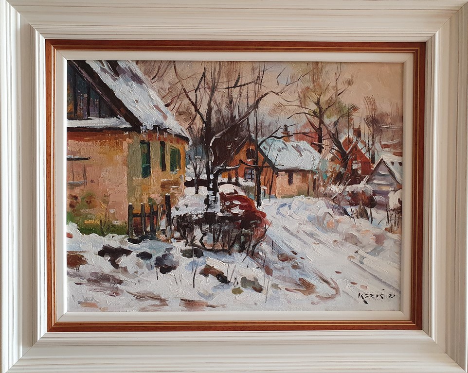 Zima, Zoran Kezić, ulje na platnu, luks uramljena, sa 43×53 cm, bez 30×40 cm, sertifikat, 180 eura