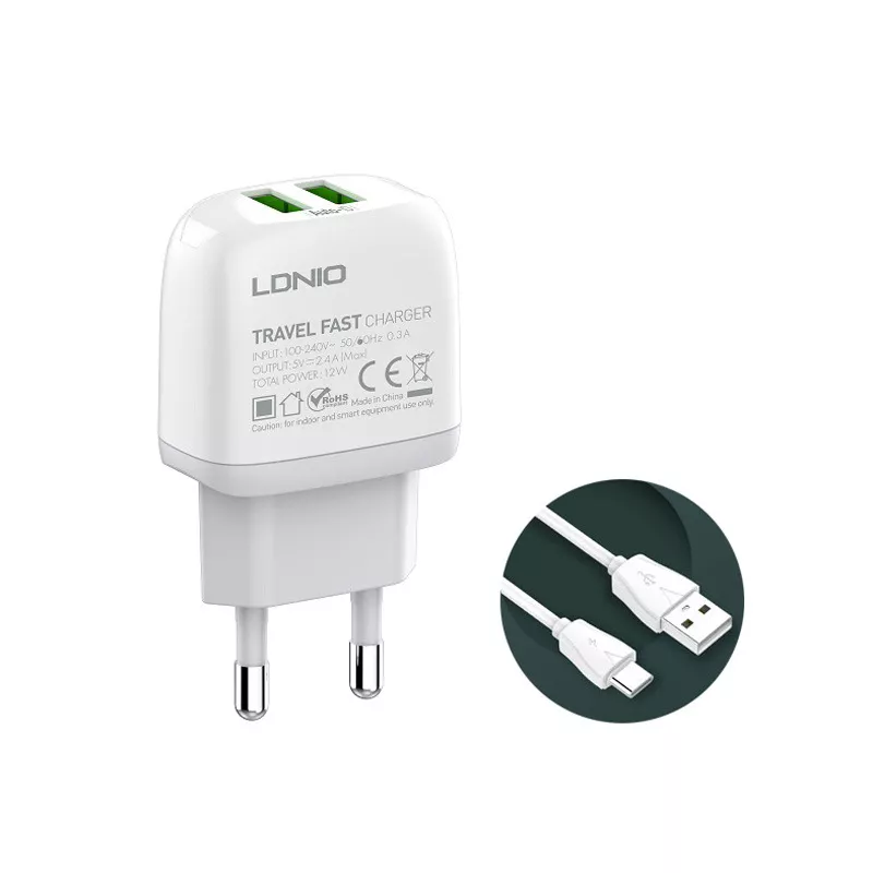 Kucni punjac LDNIO A2219 2xUSB 5V 2.4A 12W sa Type C kablom beli