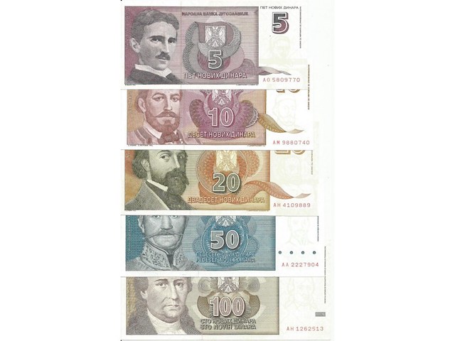 Jugoslavija 5-10-20-50-100 novih dinara 1994/96. UNC