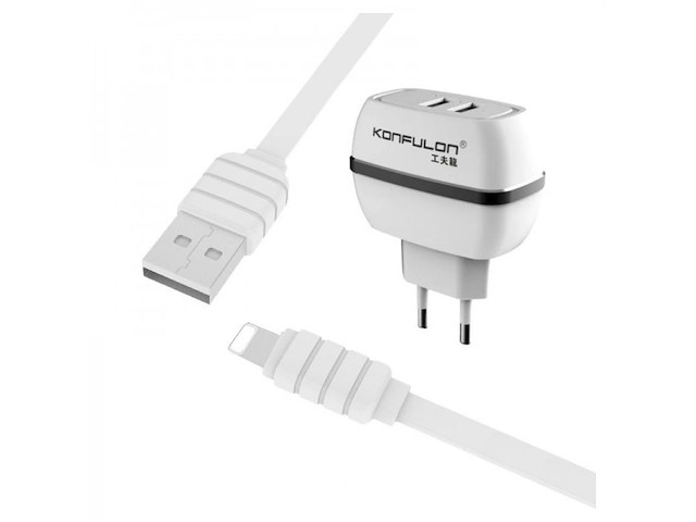 Kucni punjac KONFULON C23+S32A 2xUSB 5V 2.4A sa iPhone lightning kablom belo crni