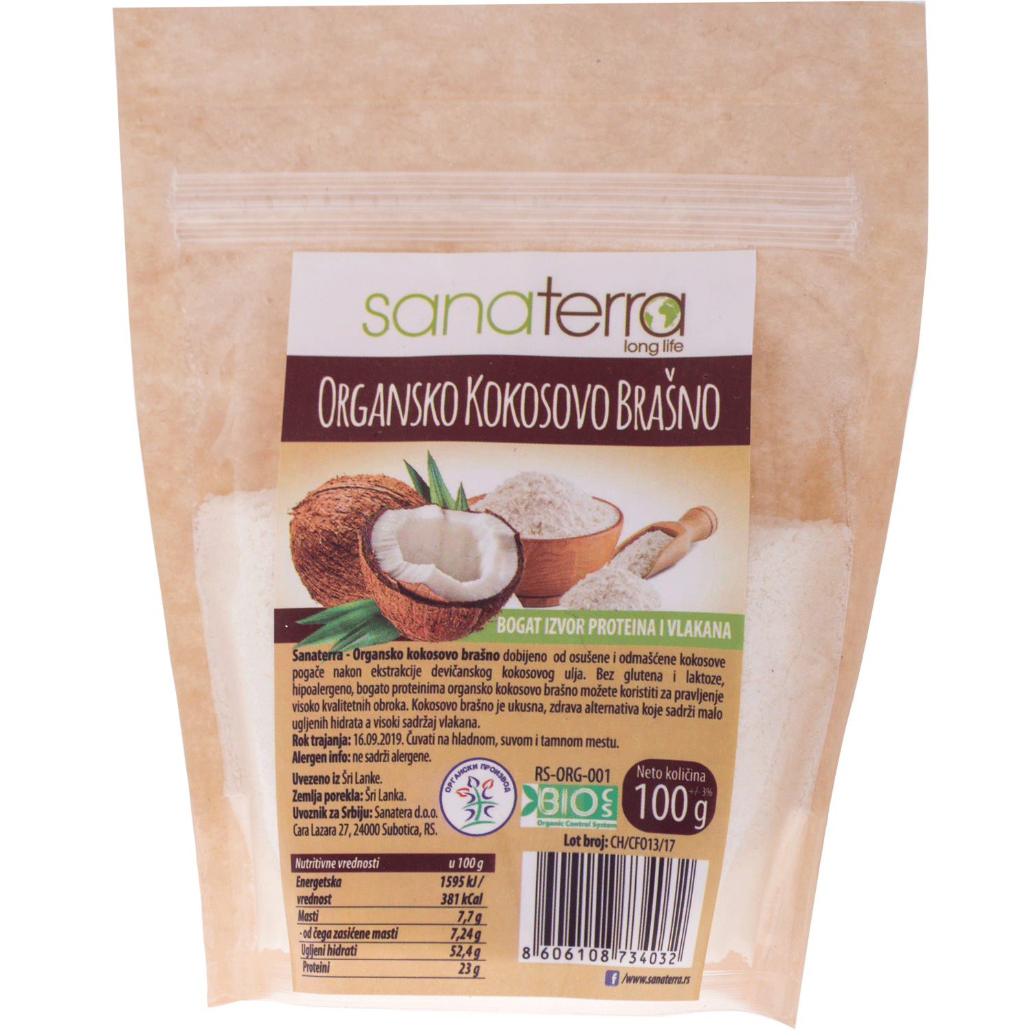 Kokosovo brašno 100gr organic Sanaterra