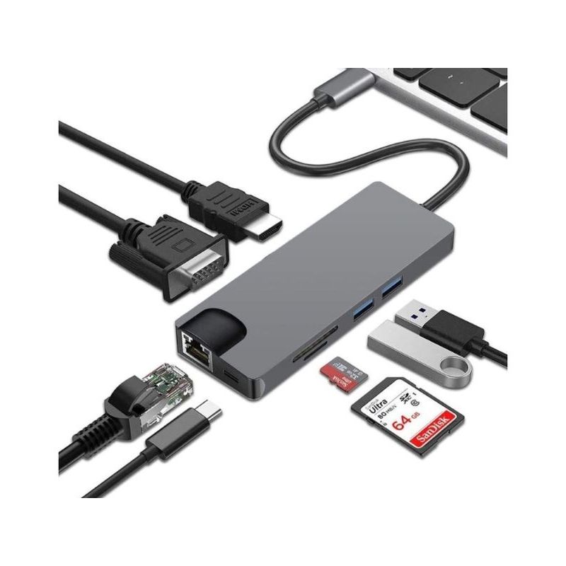 E-green Adapter USB 3.1 Tip C (M) – HDMI+VGA+2X 3.0 USB + tip C + SD (F) + RJ45